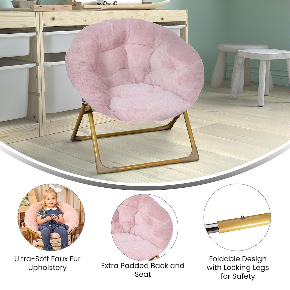 23" Kids Cozy Mini Folding Saucer Chair, Moon Chair, Blush/Soft Gold