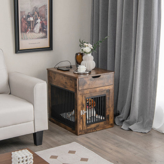 2-In-1 Dog House with Drawer and Wired Wireless Charging-Rustic Brown ...
